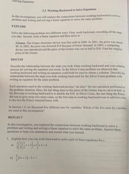 Solved Solving Equations 2.3. Working Backward to Solve | Chegg.com