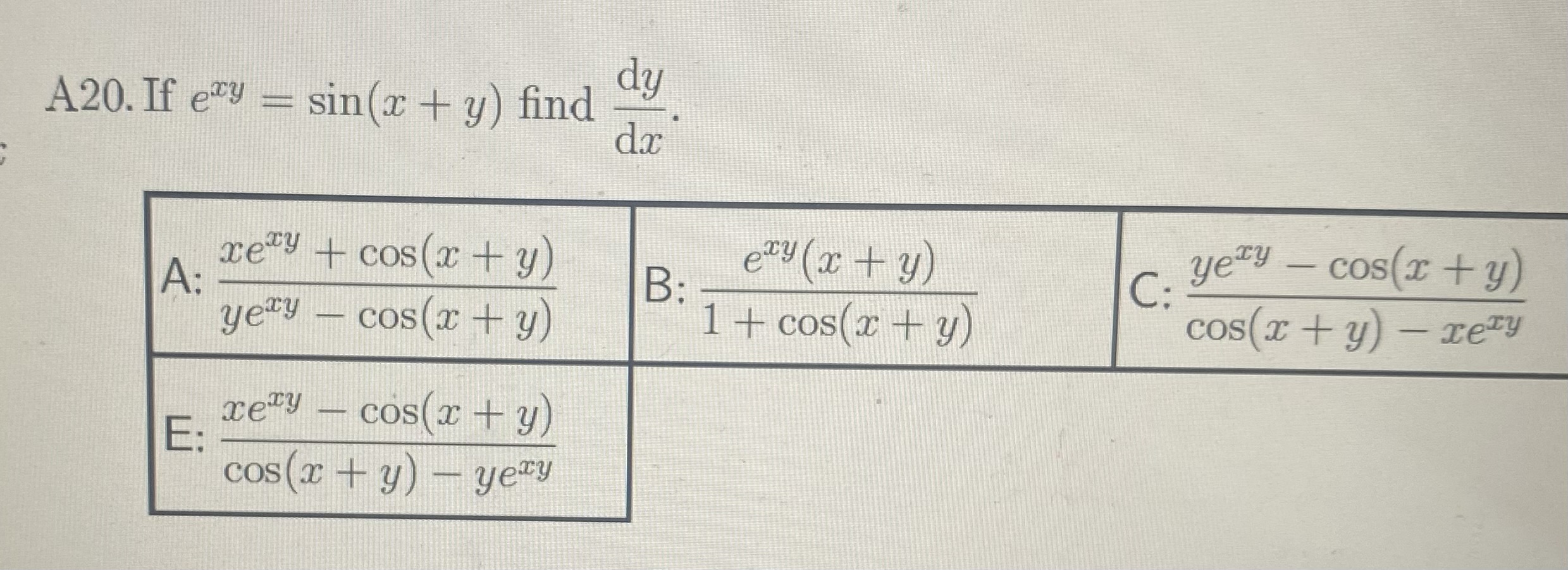 Solved A20. ﻿If exy=sin(x+y) ﻿find dy(d)x | Chegg.com