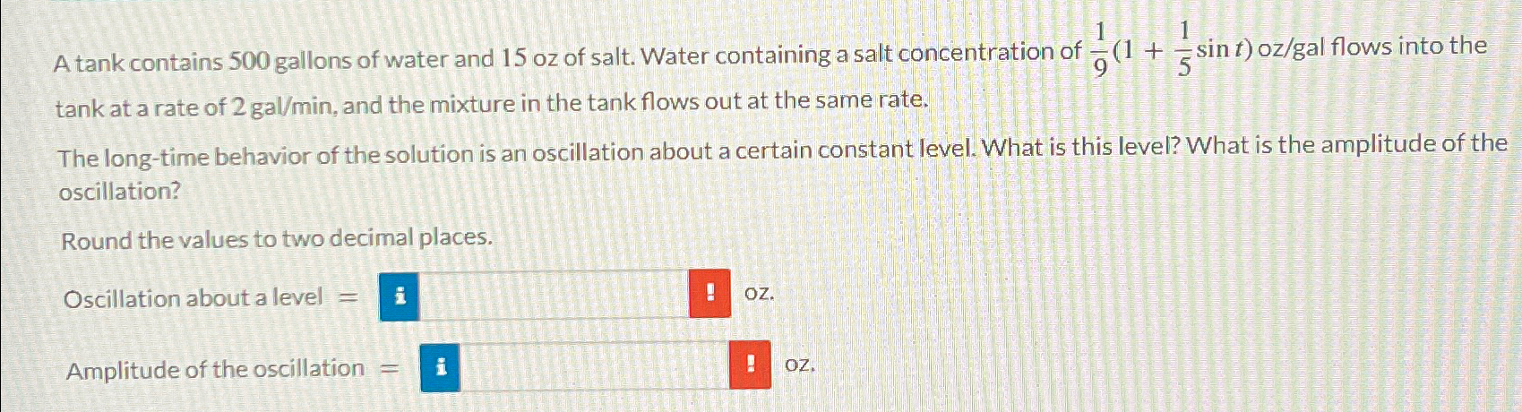 Solved A tank contains 500 ﻿gallons of water and 15 ﻿oz of | Chegg.com