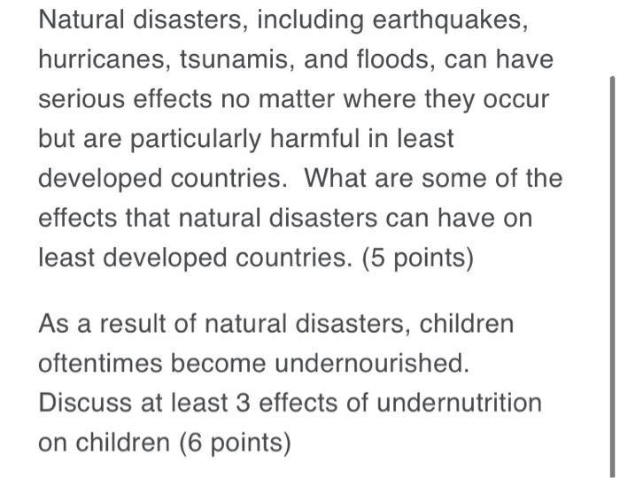 Solved Natural disasters, including earthquakes, hurricanes, | Chegg.com