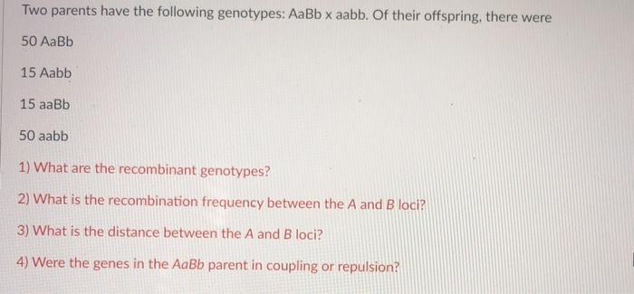 Solved Two parents have the following genotypes: AaBb x | Chegg.com
