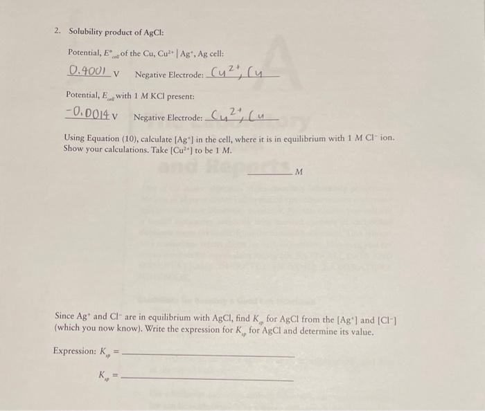 Solved 2. Solubility product of AgCl : Potential, Ewit of | Chegg.com