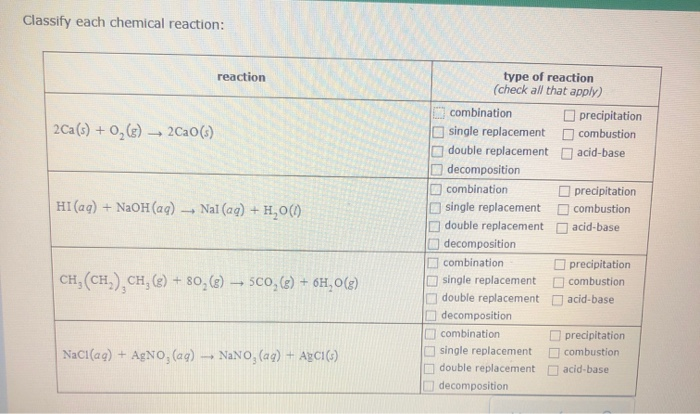 Solved Classify each chemical reaction: reaction 2Ca(s) + | Chegg.com
