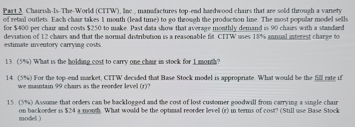 Solved Part 3. ﻿Chairish-Is-The-World (CITW), ﻿Inc., | Chegg.com