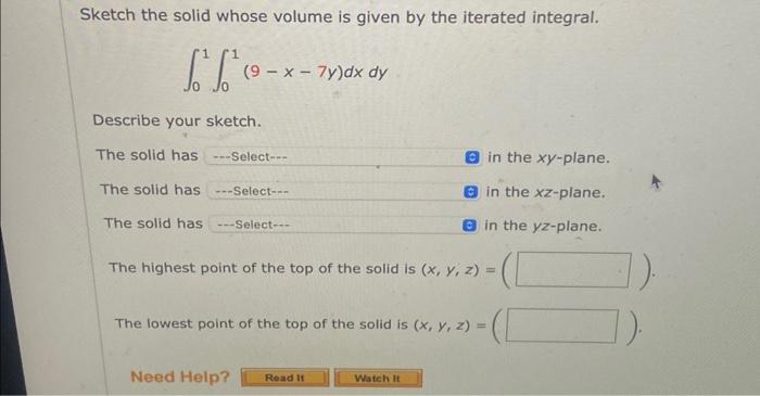 Sketch the solid whose volume is given by the | Chegg.com