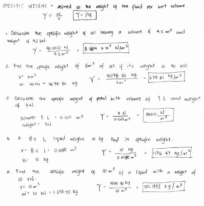 Solved γ=vwγ=pg 1. Calculate the specific weight of oil | Chegg.com