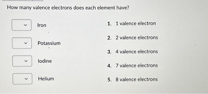 Solved How many valence electrons does each element have? V | Chegg.com