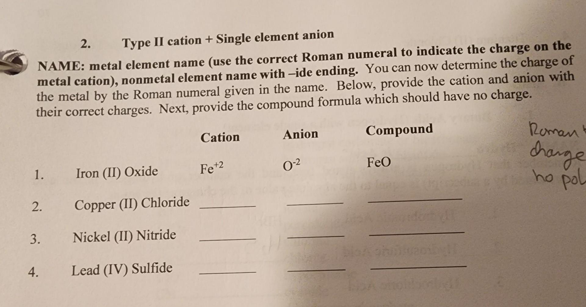 Solved 2. Type II cation + Single element anion NAME: metal | Chegg.com
