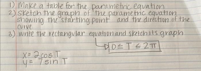 Solved 1) Make a table for the parametric equation 2) Sketch | Chegg.com