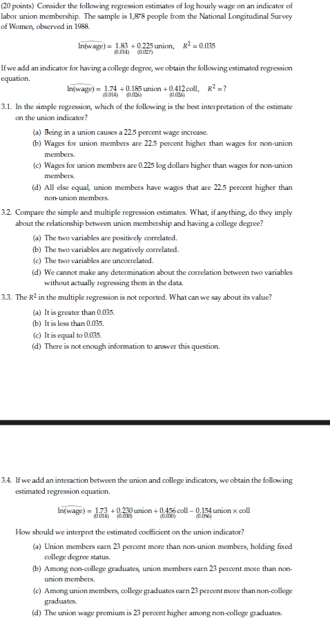 Solved ( 20 ﻿points) ﻿Consider the following regression | Chegg.com