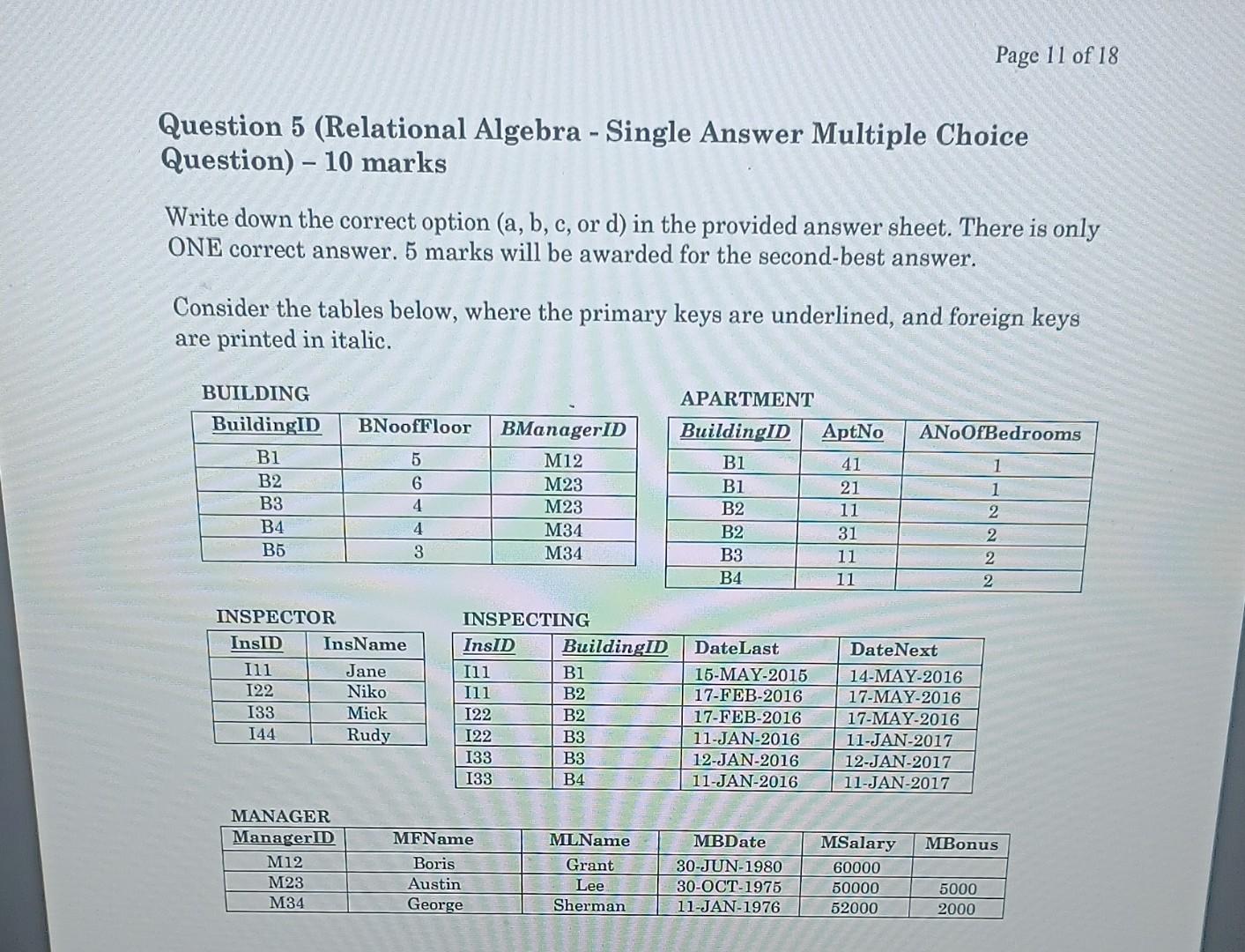 Solved Question 5 (Relational Algebra - Single Answer | Chegg.com