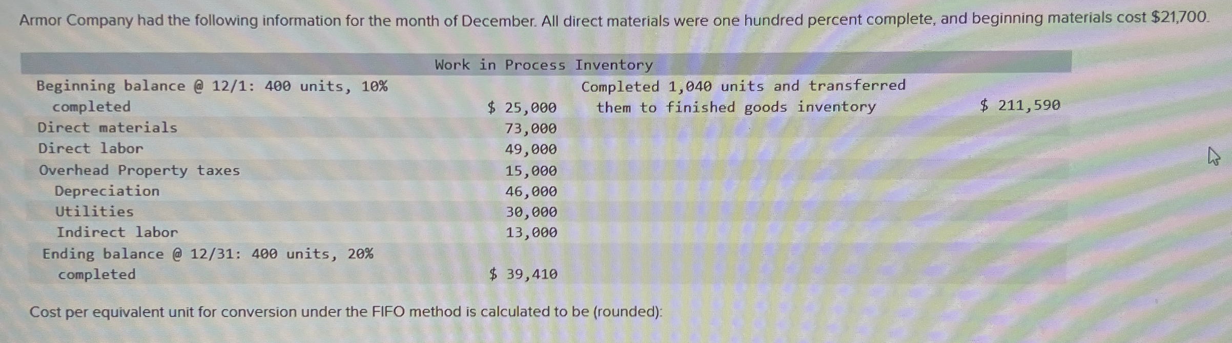 Solved Armor Company had the following information for the | Chegg.com