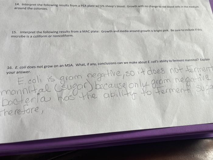 14. Interpret the following results from a PEA plate | Chegg.com