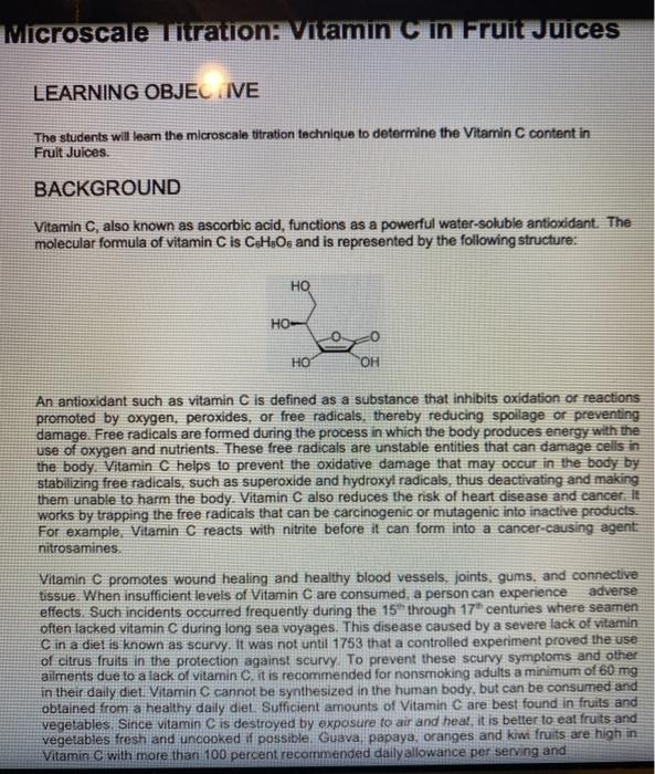 Solved Microscale Titration. Vitamin C in Fruit Juices | Chegg.com
