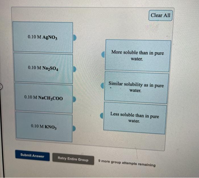 Clear All 0.10 M AgCH3COO More soluble than in pure | Chegg.com
