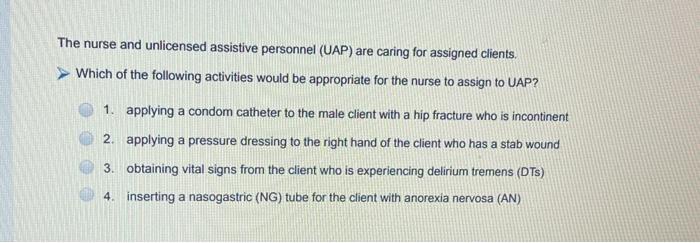 Solved The nurse and unlicensed assistive personnel (UAP) | Chegg.com