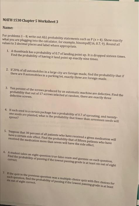 Solved For problems 1 - 8 , write out ALL probability | Chegg.com