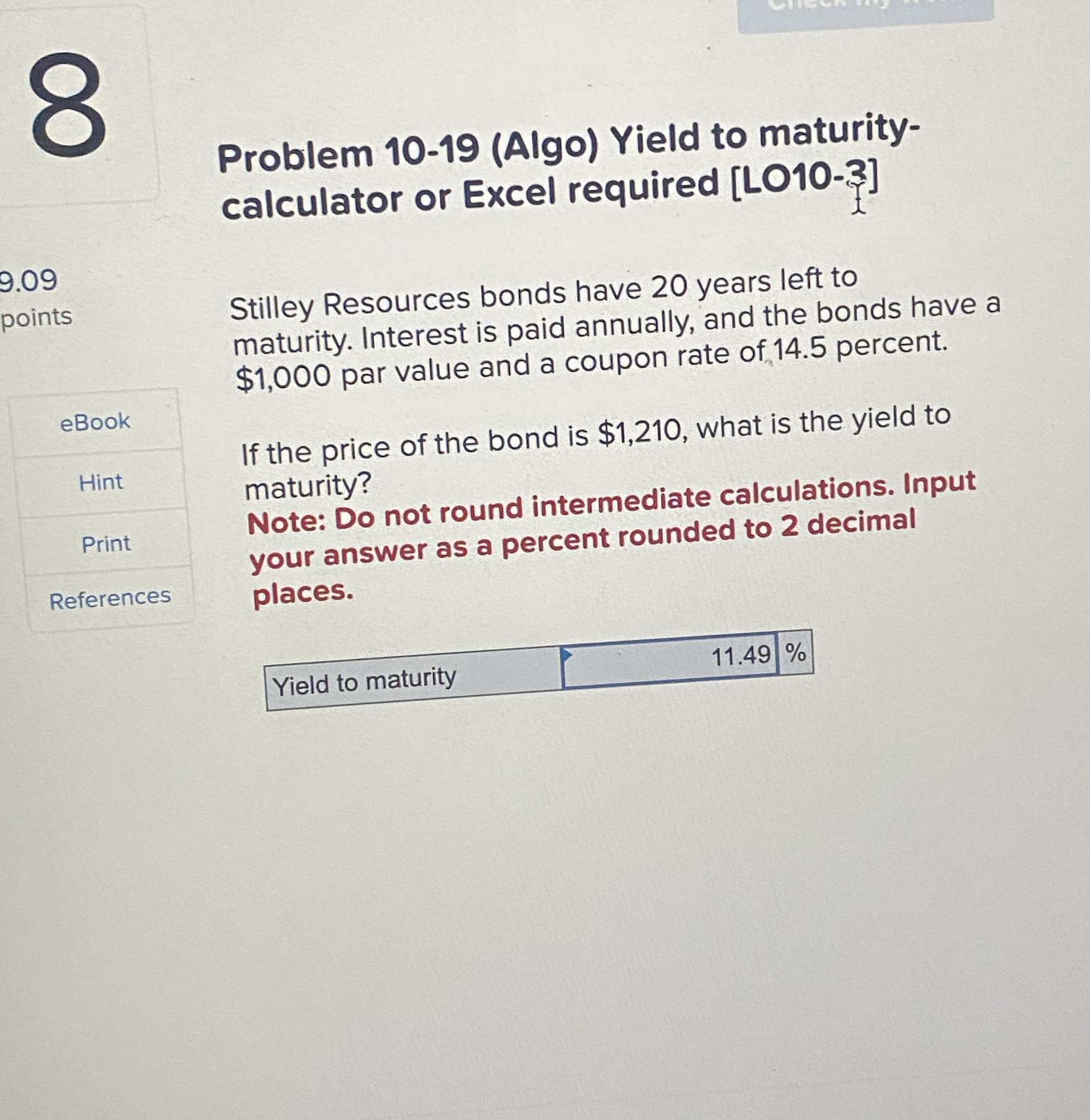 Solved 8Problem 10-19 (Algo) ﻿Yield to maturitycalculator or | Chegg.com