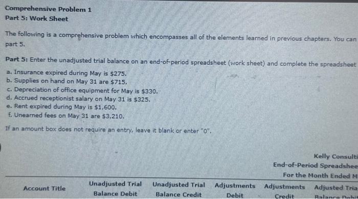 Comprehensive Problem 1 Part 5: Work Sheet The | Chegg.com
