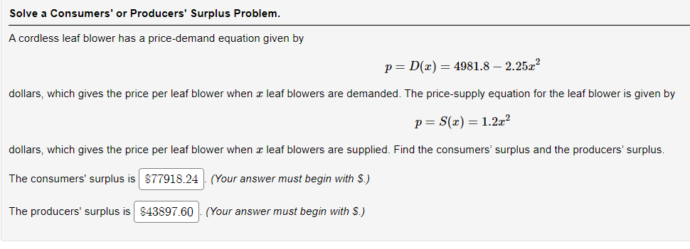 Solved Solve a Consumers' or Producers' Surplus Problem.A | Chegg.com
