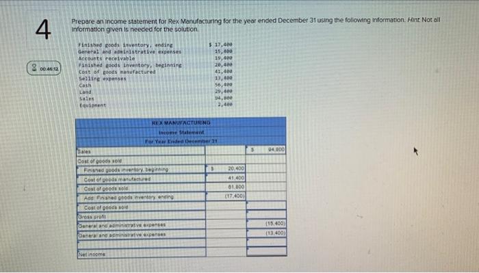 Solved 4 Prepare an income statement for Rex Manufacturing | Chegg.com