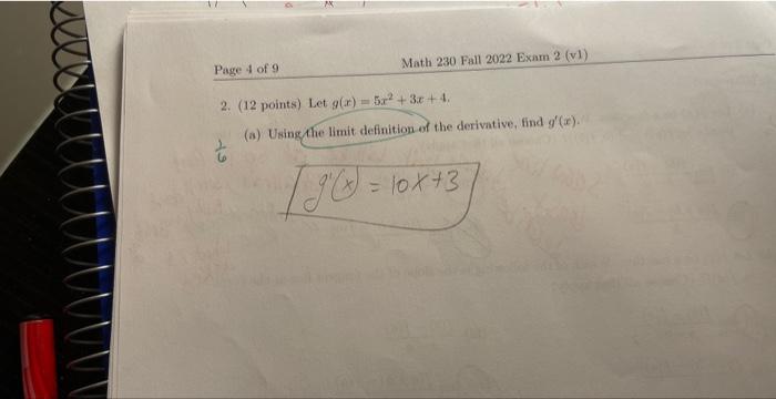 Solved 2. (12 points) Let g(x)=5x2+3x+4. (a) Using the limit | Chegg.com