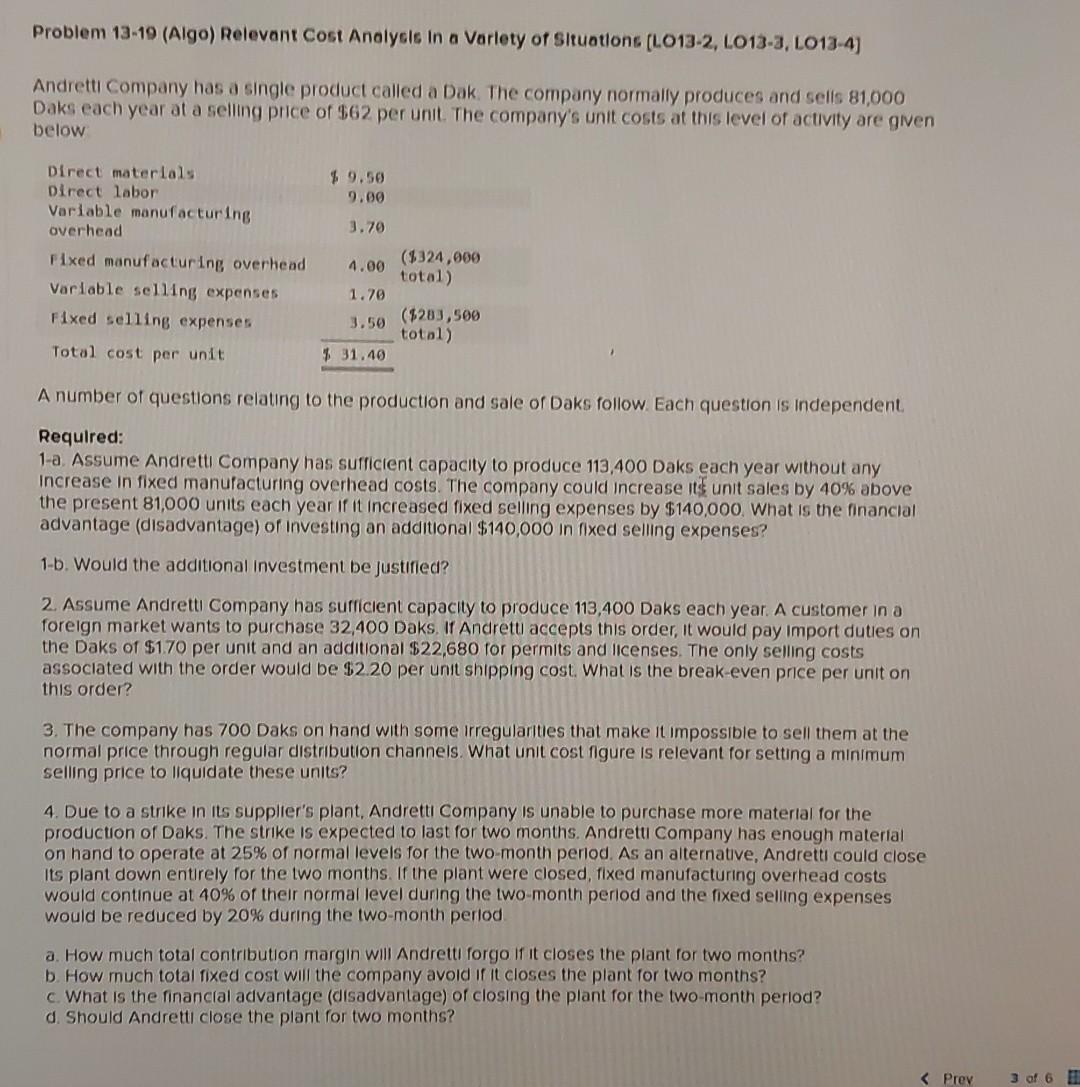Solved Problem 13-19 (Algo) Relevant Cost Analysis In a | Chegg.com