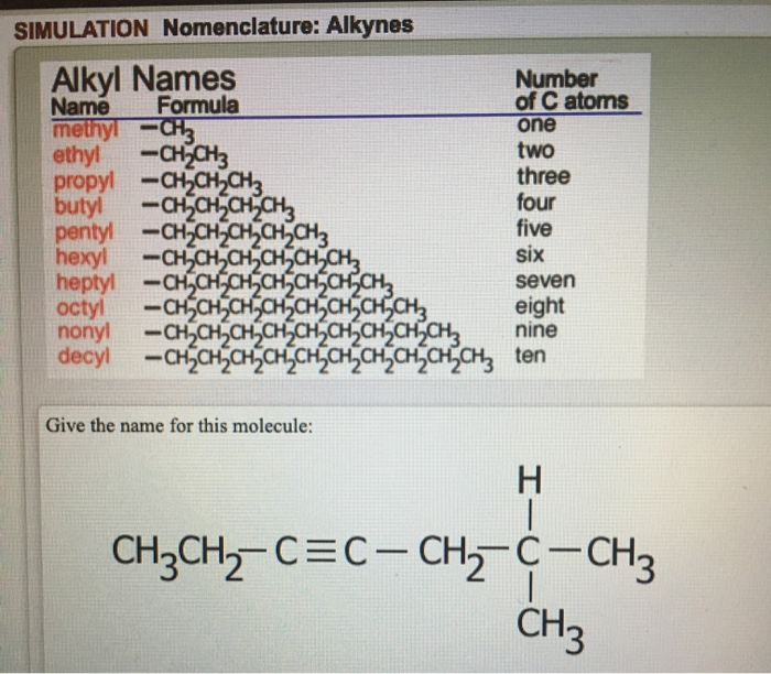 Solved SIMULATION Nomenclature: Alkynes one - Alkyl Names | Chegg.com Solved SIMULATION Nomenclature: Alkynes one - Alkyl Names | Chegg.com