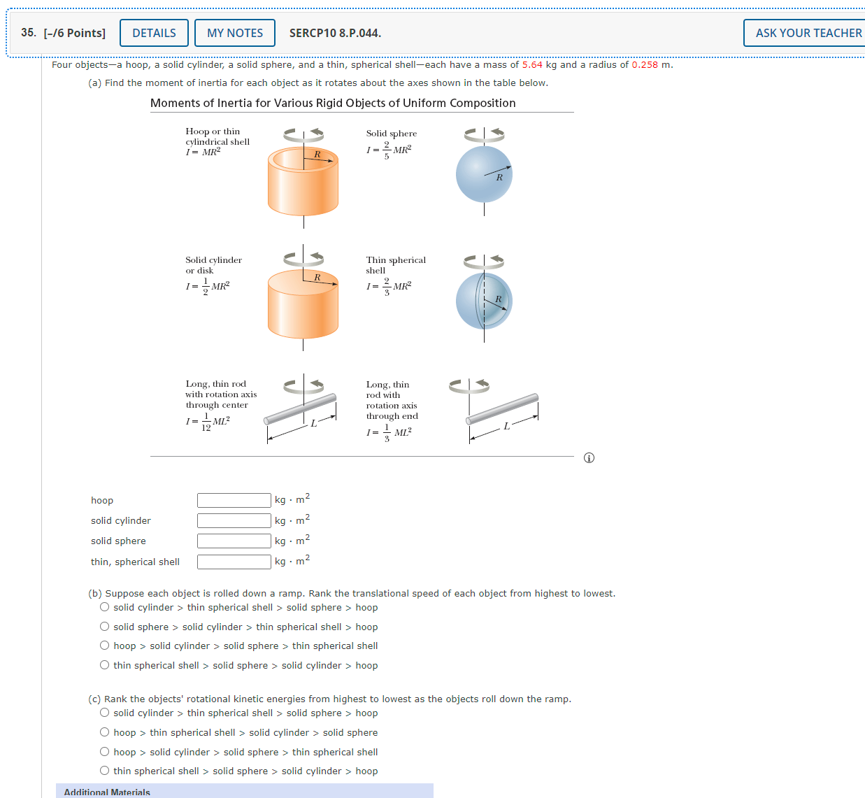 Solved Four objects-a hoop, a solid cylinder, a solid | Chegg.com