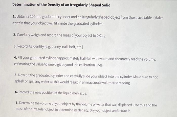 Solved Determination of the Density of an Irregularly Shaped | Chegg.com