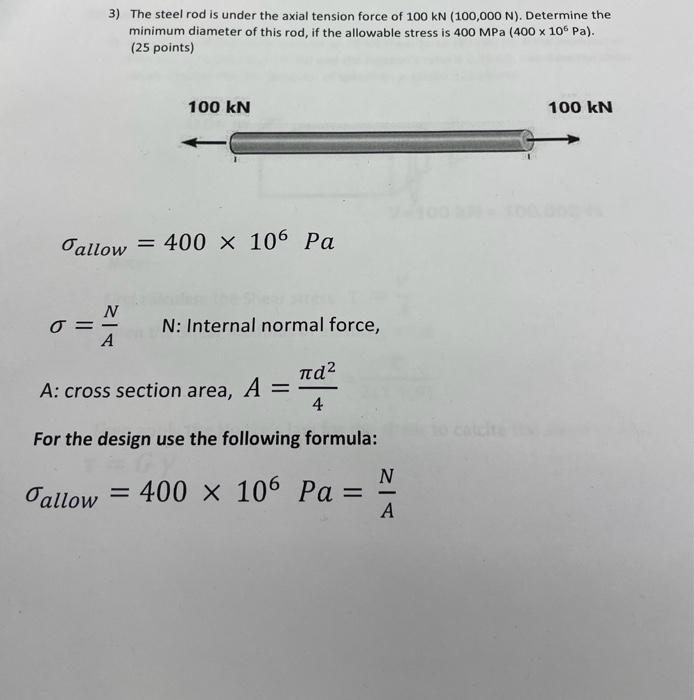 Solved 3) The steel rod is under the axial tension force of | Chegg.com