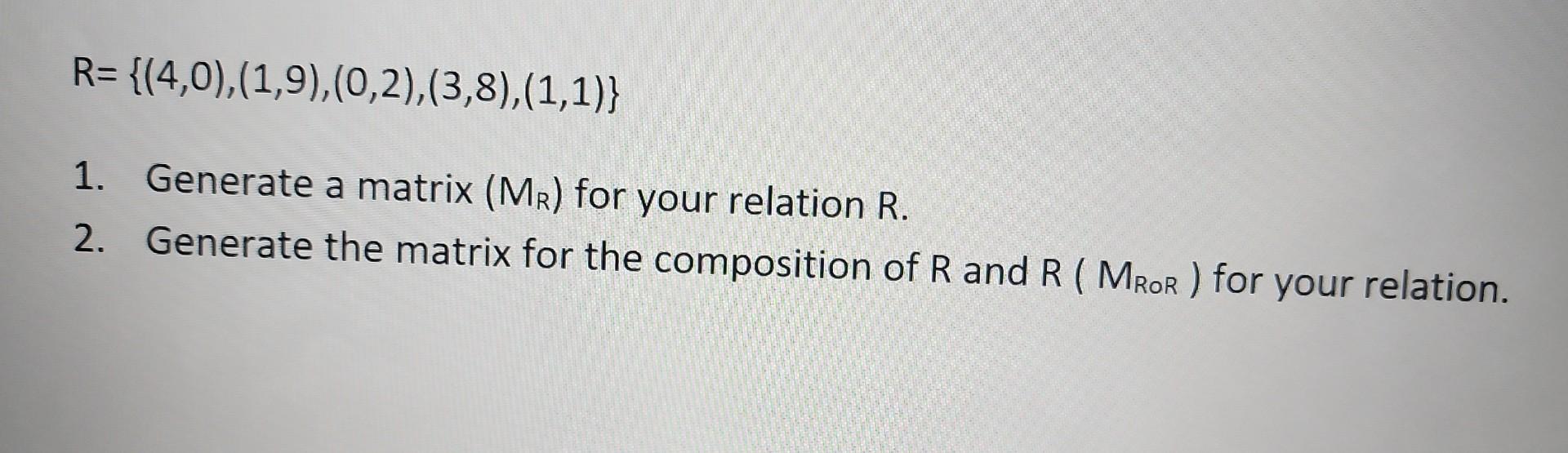 Solved R={(4,0),(1,9),(0,2),(3,8),(1,1)} 1. Generate a | Chegg.com