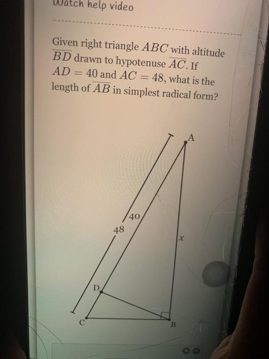 Solved help video Given right triangle ABC with altitude BD | Chegg.com