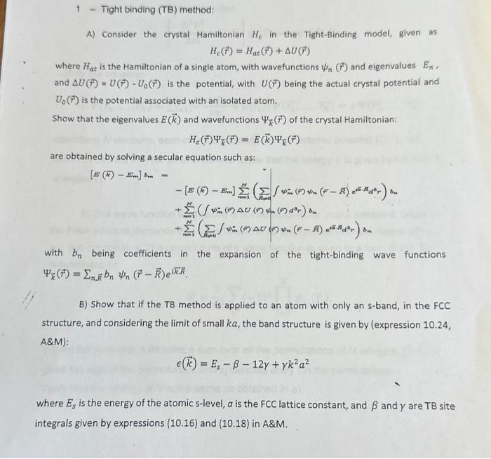 Solved 1 - Tight binding (TB) method: A) Consider the | Chegg.com