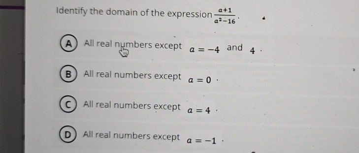 Solved Identify the domain of the expression a+1a2-16.All | Chegg.com