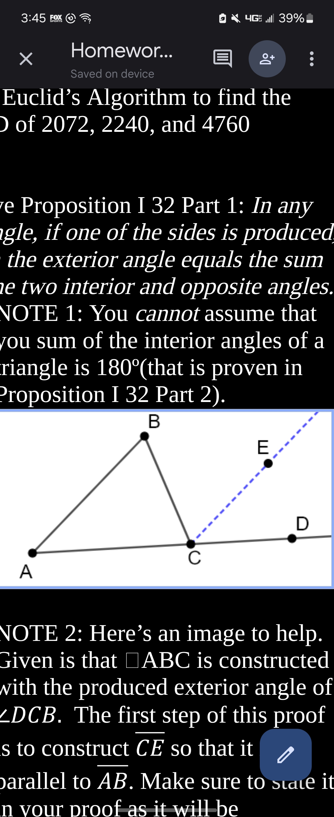 Solved Prove Proposition I 32 ﻿Part 1: In any Euclid's | Chegg.com