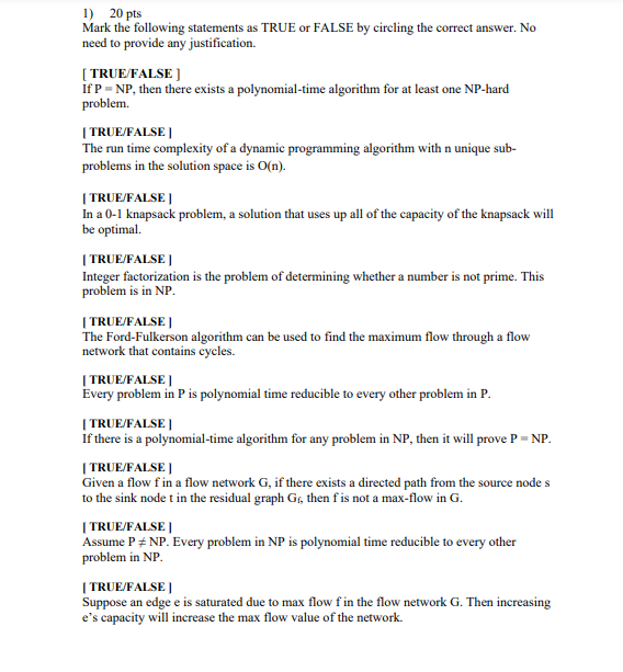 Solved 20 ﻿ptsMark the following statements as TRUE or FALSE | Chegg.com
