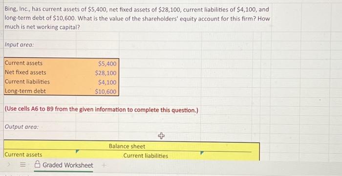 Solved Bing, Inc., has current assets of $5,400, net fixed | Chegg.com