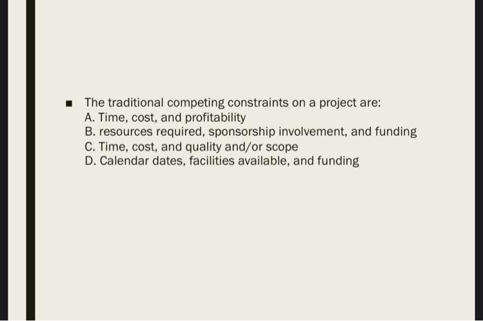 Solved The traditional competing constraints on a project | Chegg.com