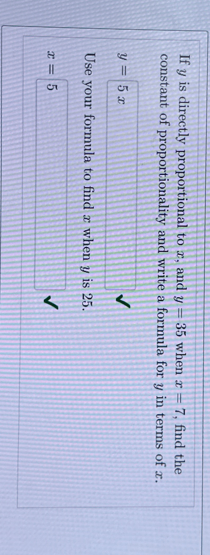 Solved If y ﻿is directly proportional to x, ﻿and y=35 ﻿when | Chegg.com