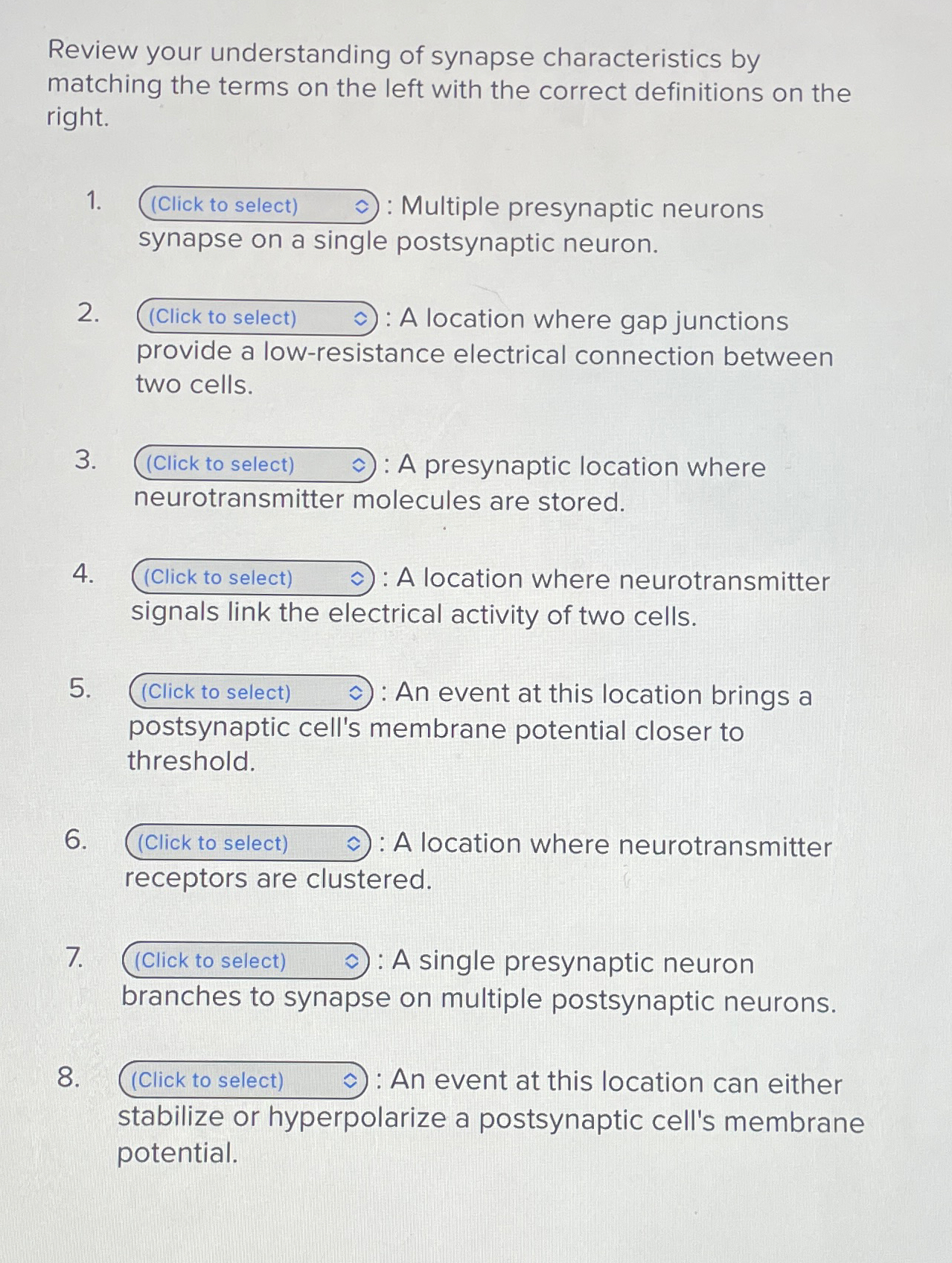 Solved Review your understanding of synapse characteristics | Chegg.com