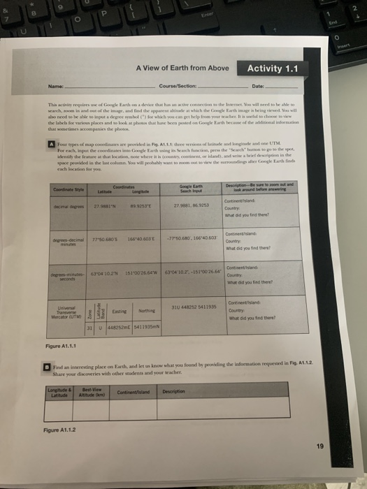 Solved Р o O A View of Earth from Above Activity 1.1 Names | Chegg.com