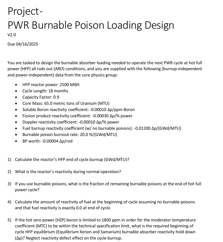 Project- PWR ﻿Burnable Poison Loading Design V2.0 | Chegg.com