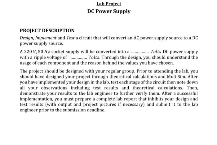 Solved Lab Project DC Power Supply PROJECT DESCRIPTION | Chegg.com