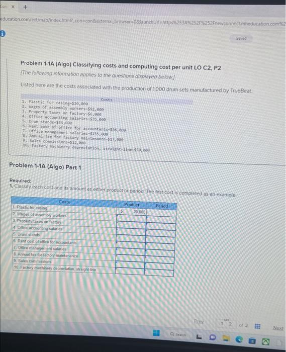 Solved Problem 1-1A (Algo) Classifying costs and computing | Chegg.com