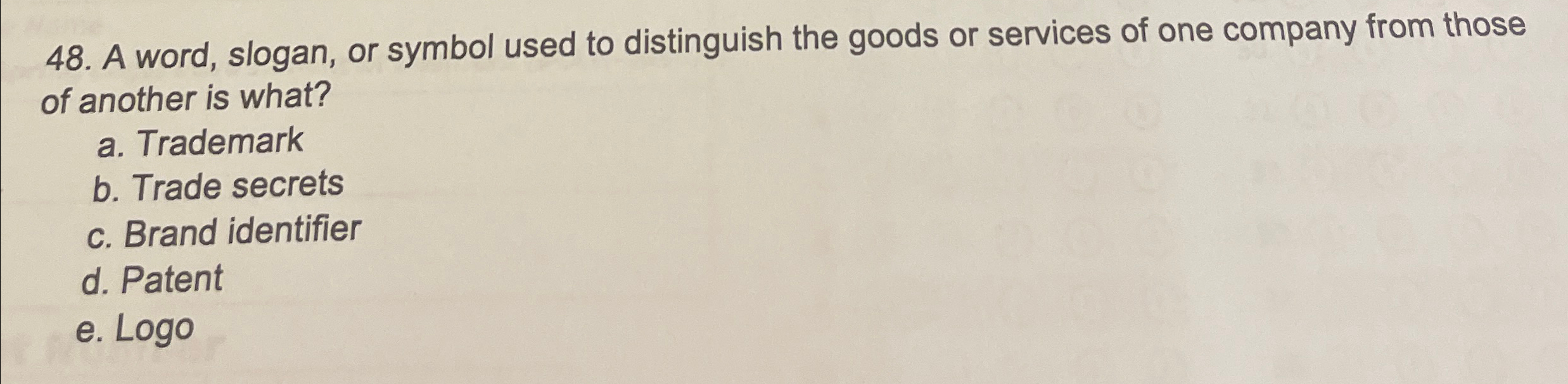 Solved A word, slogan, or symbol used to distinguish the | Chegg.com