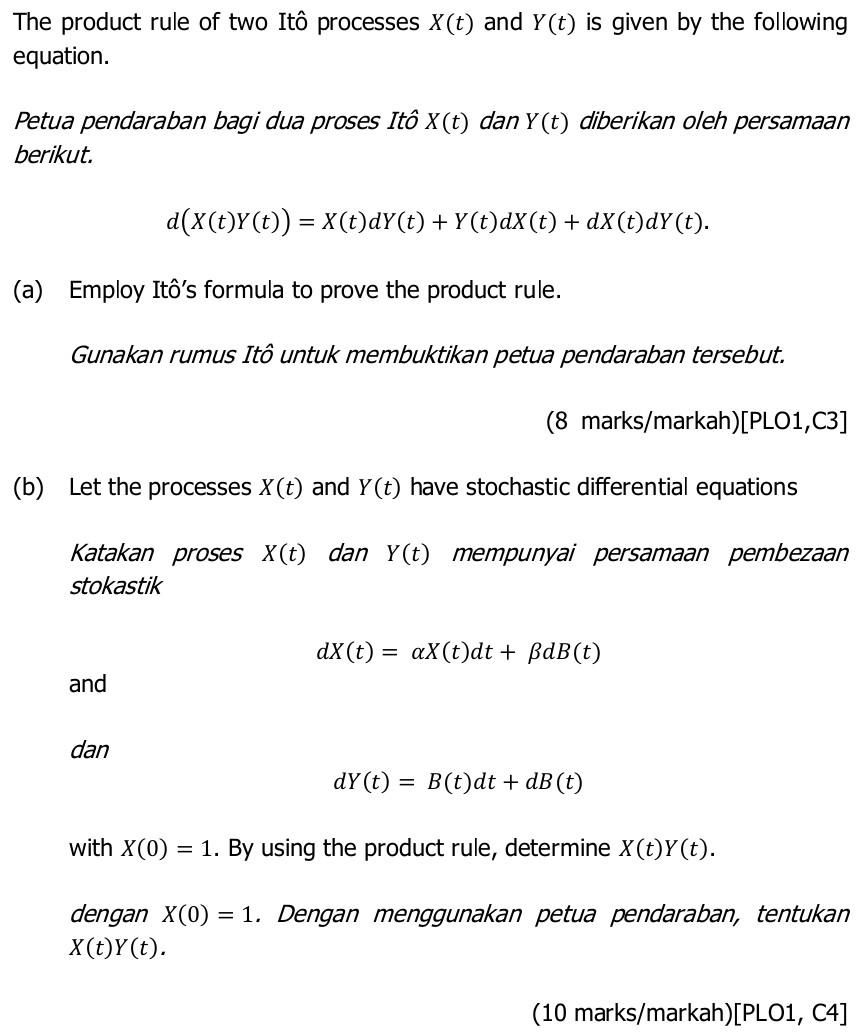 The product rule of two Itô processes X(t) and y(t) | Chegg.com