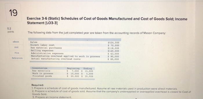 Solved 19 Exercise 3-6 (Static) Schedules of Cost of Goods | Chegg.com