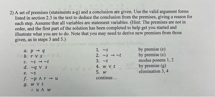2) A set of premises (statements a-g) and a | Chegg.com