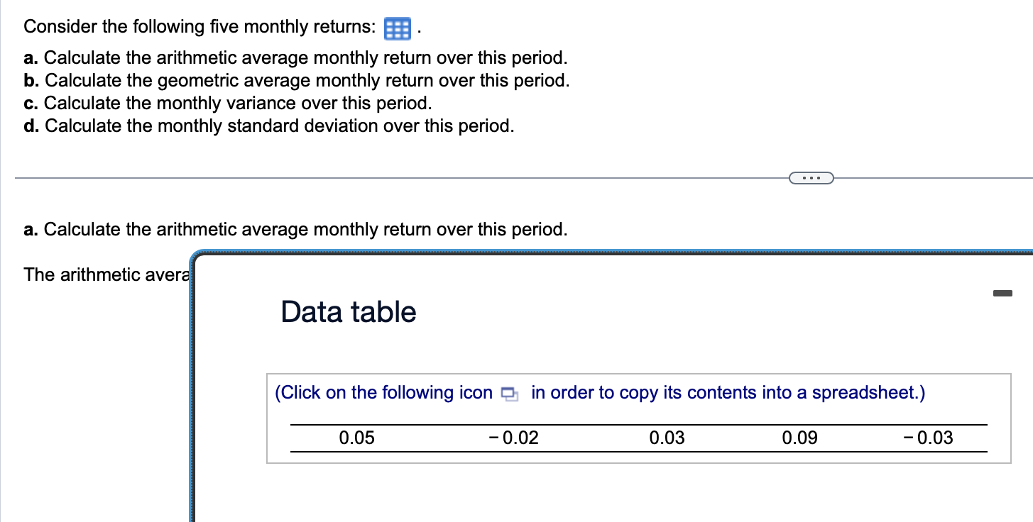 Solved a. ﻿Calculate the arithmetic average monthly return | Chegg.com